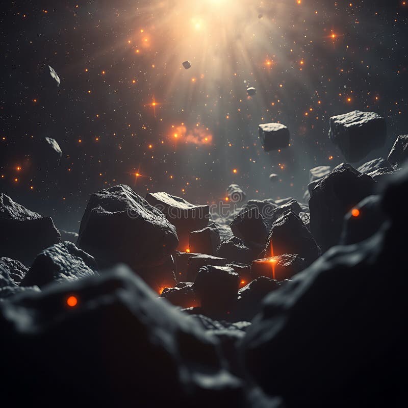 A Close Up of an Asteroid Belt with Sharp Details and Glowing Particles ...