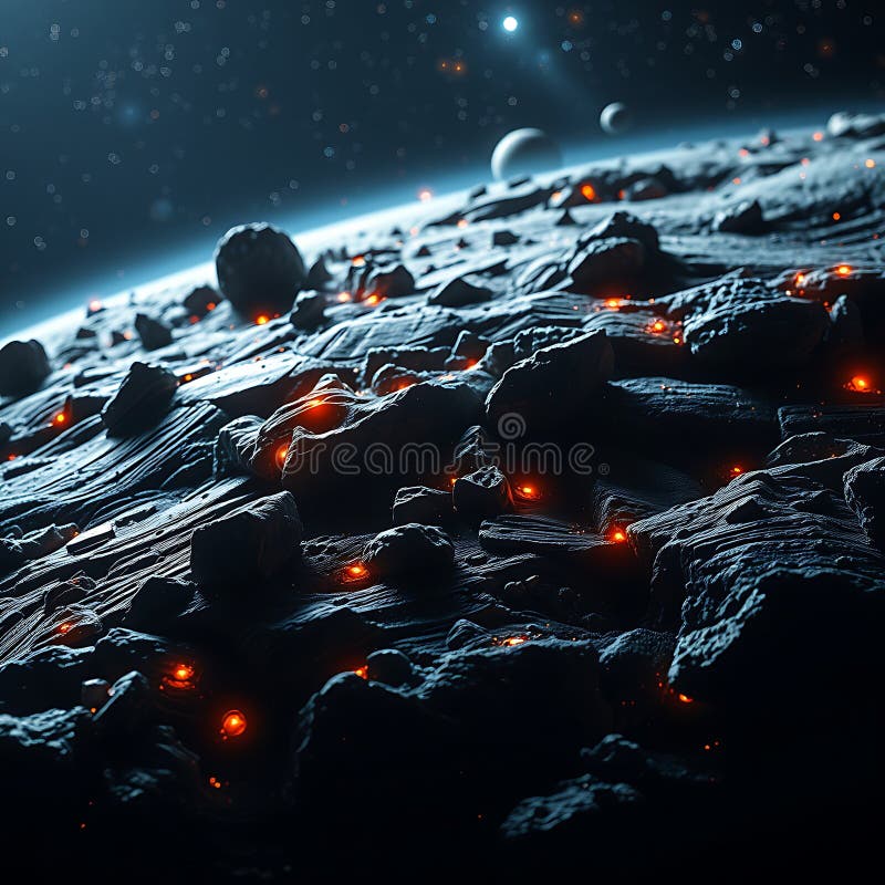 A Close Up of an Asteroid Belt with Sharp Details and Glowing Particles ...