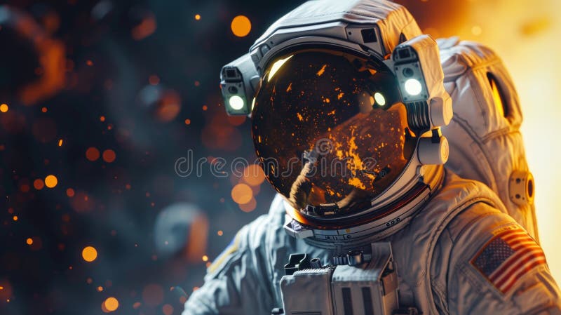 Close-up of an Astronaut in a Space Suit with a Fiery Reflection on the ...