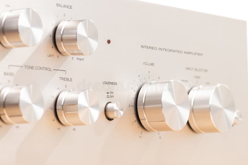 Close-Up of Audio Equipment Control Panel with Metal Knobs and Labels ...