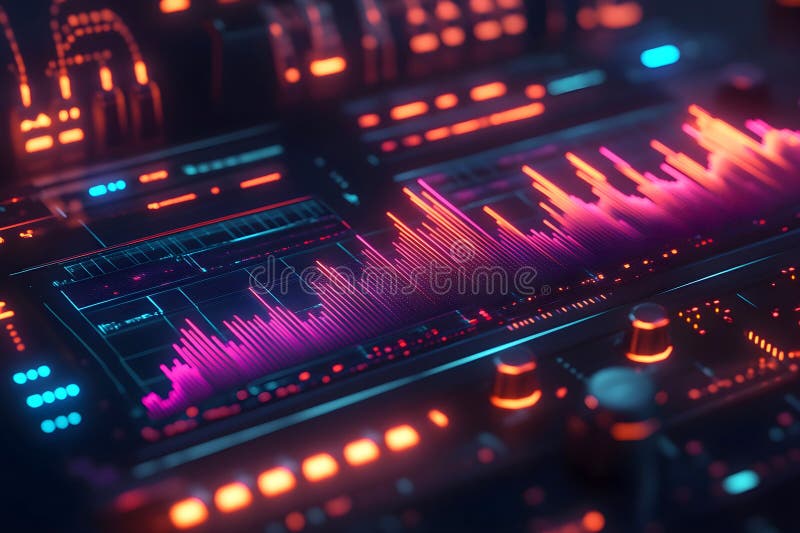 Close-up of an Audio Mixer Interface with Colorful Soundwave ...
