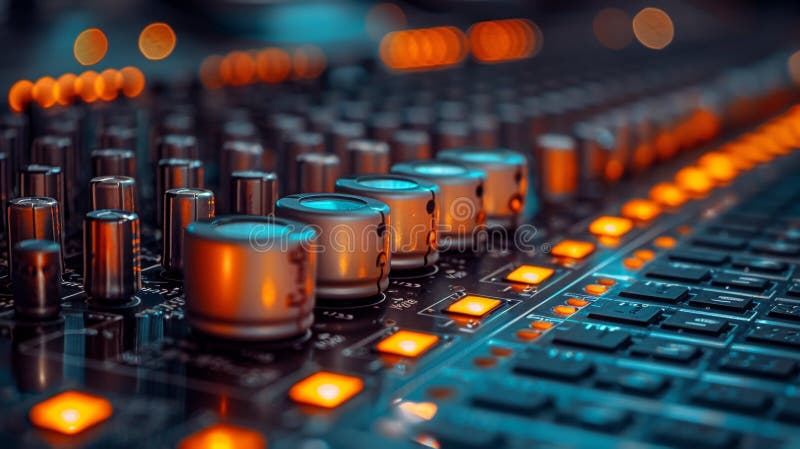 Close-up of an Audio Mixing Console with Knobs and Buttons during a ...