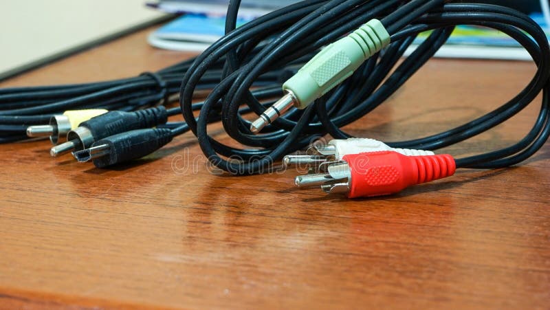 Close Up the Audio and Visual Cables on the Table Stock Image - Image ...