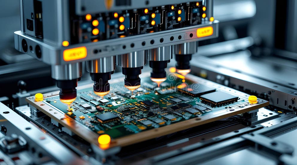 A Close-up of an Automated Machine Placing Components on a Circuit Board Stock Illustration ...