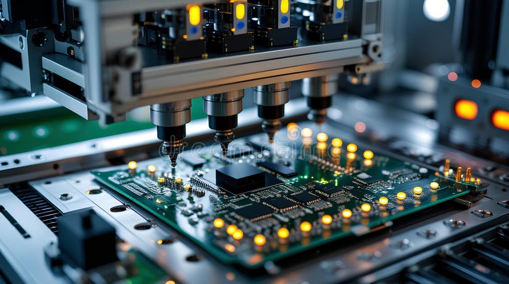 A Close-up of an Automated Machine Placing Components on a Circuit Board Stock Illustration ...