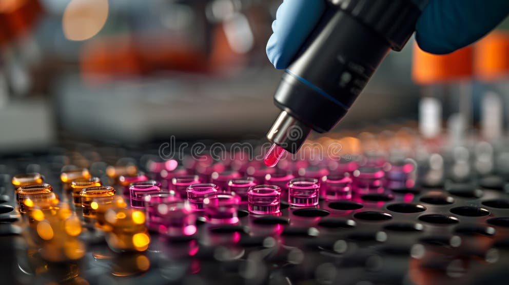 Close-Up of Automated Pipetting in Progress at Modern Laboratory Stock ...