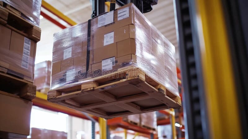 Close-Up of an Automated Robot Lifting a Pallet in Warehouse Setting ...