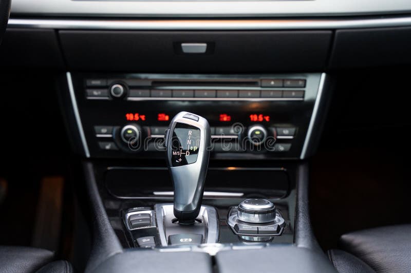 Close Up of Automatic Gear Stick with Five Speeds, Control Panel and ...