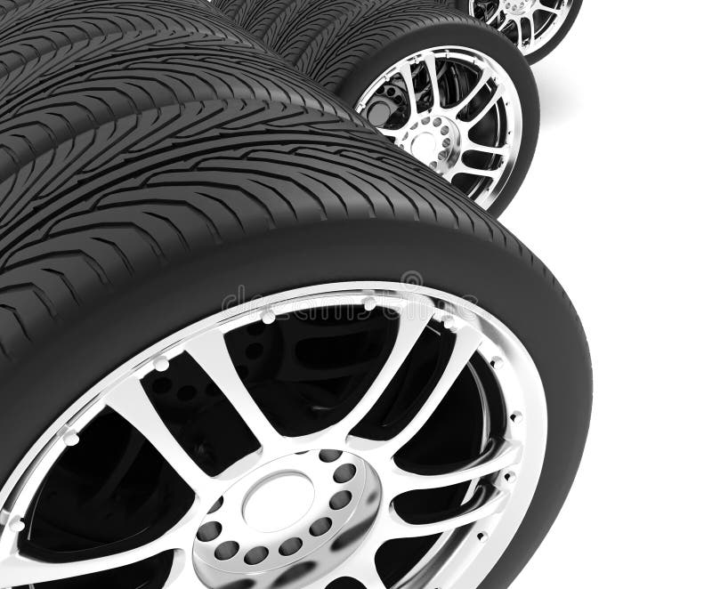 Car Wheels. 3D Render Illustration on Black Background. Stock ...