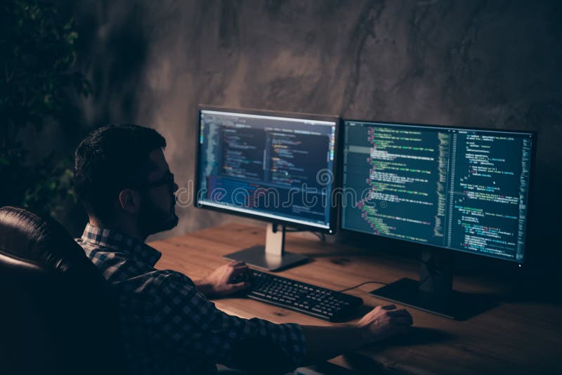 Close Up Back Rear Behind Photo Handsome he Him His Guy Coder Typing ...