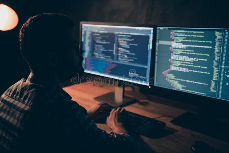 Close Up Back Rear Behind Photo Handsome He Him His Guy Coder Typing Php Css Html Keyboard