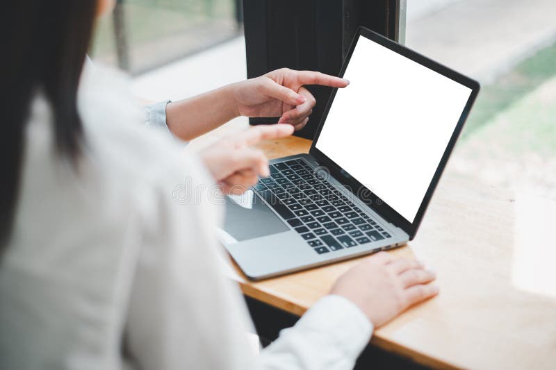 Close-up Back View of Two Business Woman Working on Blank Screen Laptop ...