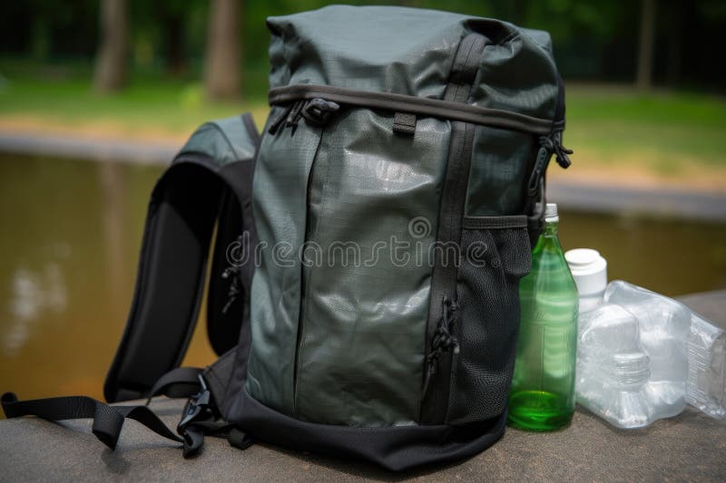 Close-up of Backpack with Water Bottles and Snacks Visible Stock ...