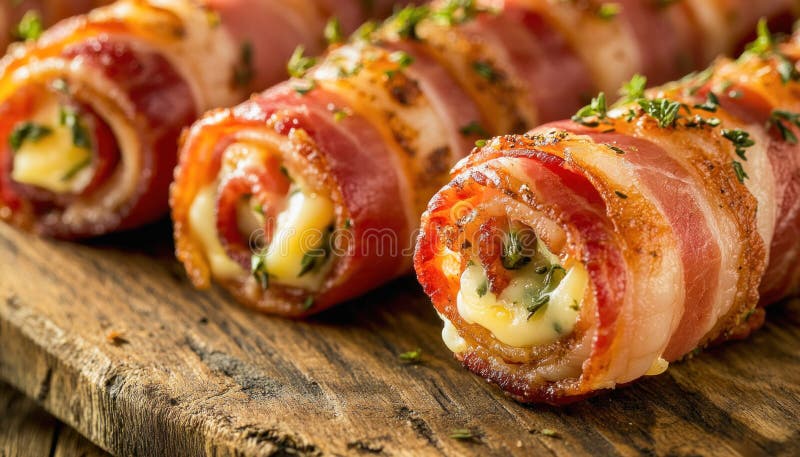 Delicious Bacon Rolls Stuffed with Cheese and Thyme Resting on Wooden ...