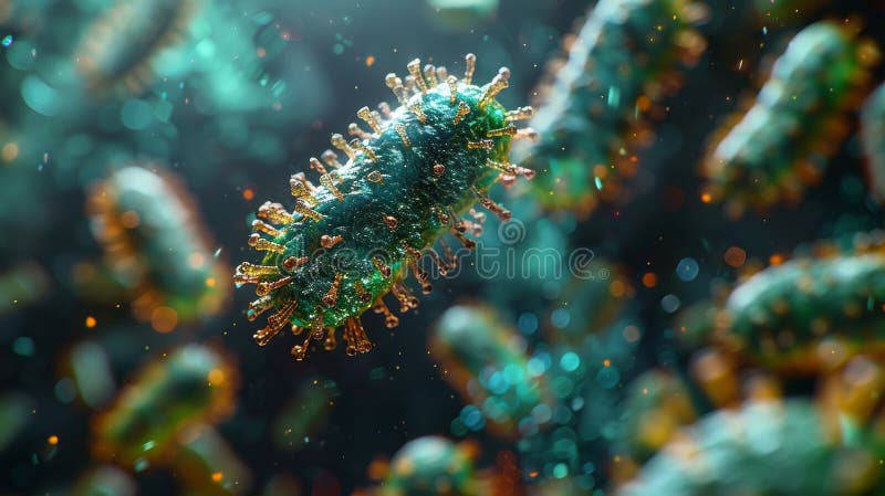 Close-up of Bacteria with Glowing Elements in Microscopic View ...