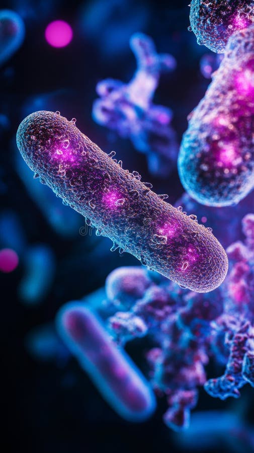 Close-up of Bacteria with Glowing Pink Elements, Microbiology Study ...