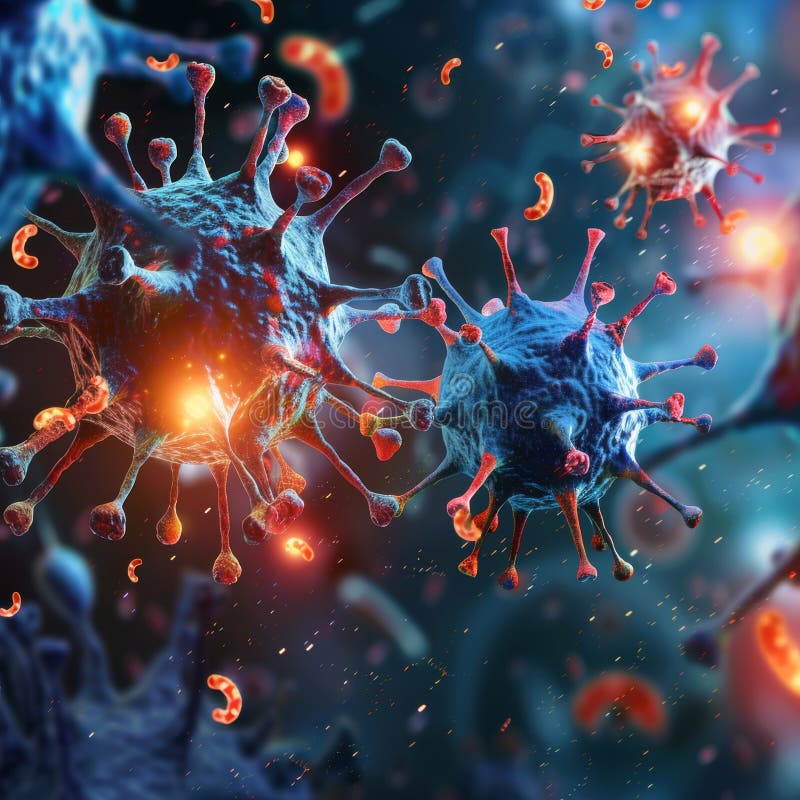 Close Up of Bacteria and Virus Cells in Research Lab with Vibrant ...