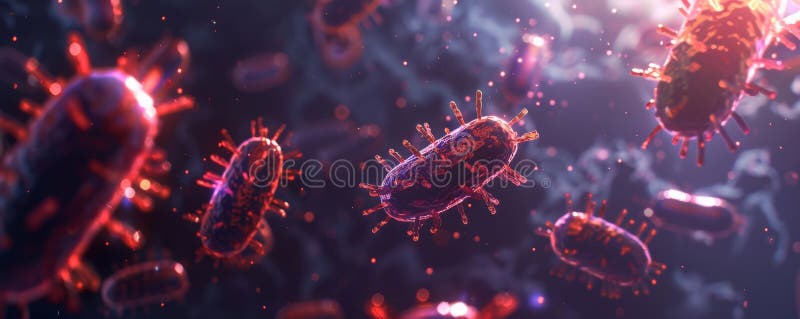 Close-up of Bacteria or Viruses Under a Microscope, Illuminated in Red ...