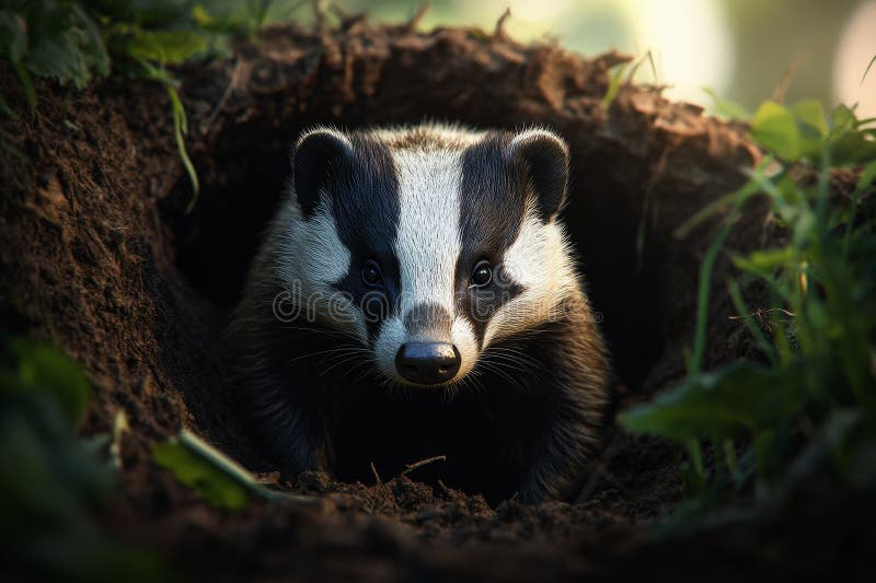 Close-Up of a Badger Emerging from Its Burrow . Generative Ai Stock ...