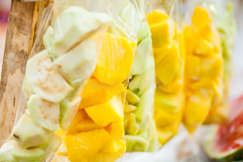 Close Up of Bags of Mango and Guava Pieces Stock Image - Image of ...