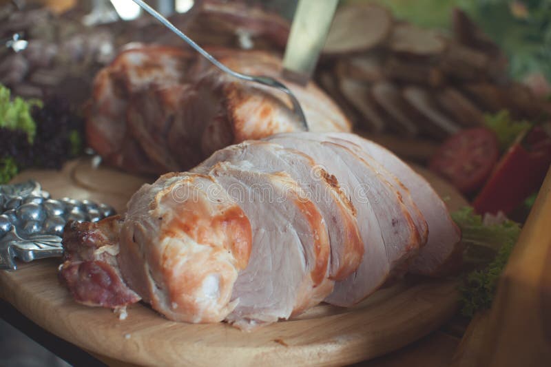 Close Up on Baked Meat in Table Stock Photo - Image of portion ...