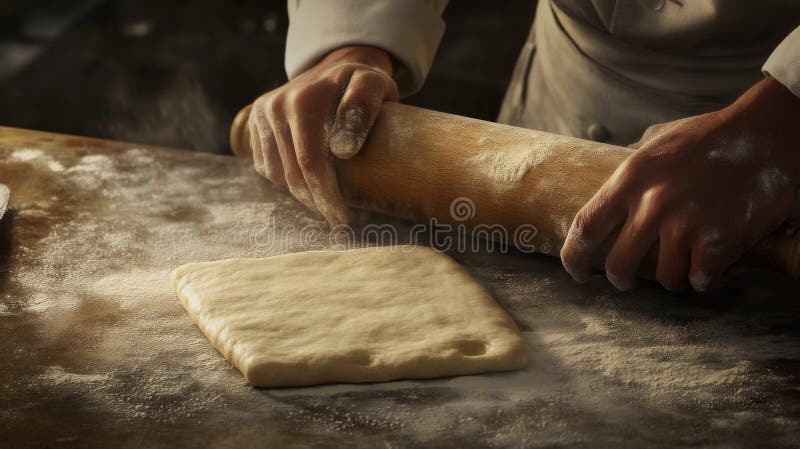 Close-up of a Baker Rolling Dough with Wooden Rolling Pin Stock Image ...