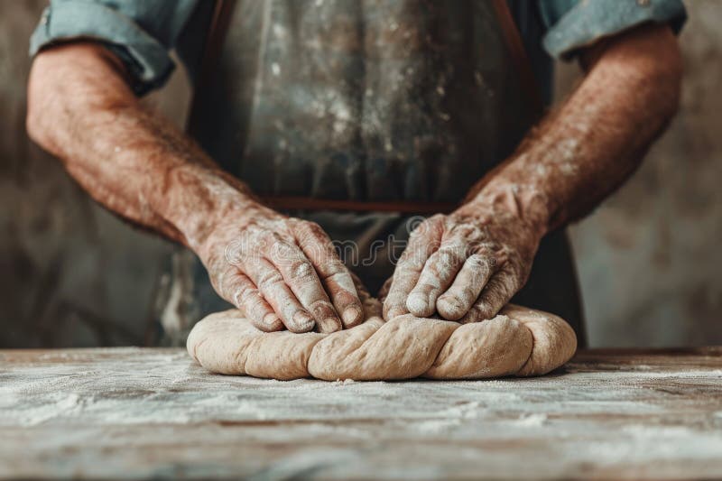 Close-up of Baker S Hands Kneading Dough on Wooden Table, Rustic ...