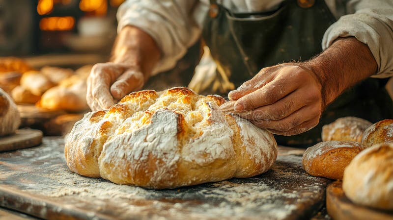 Close-up of a Baker Scoring Fresh Loaves of Bread before Baking in a ...
