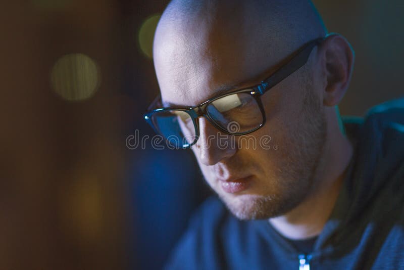 Close Up of Hacker in Glasses Looking at Screen Stock Image - Image of ...