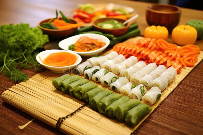 A Close-up of a Bamboo Rolling Mat with Fresh Spring Rolls and Shrimp ...
