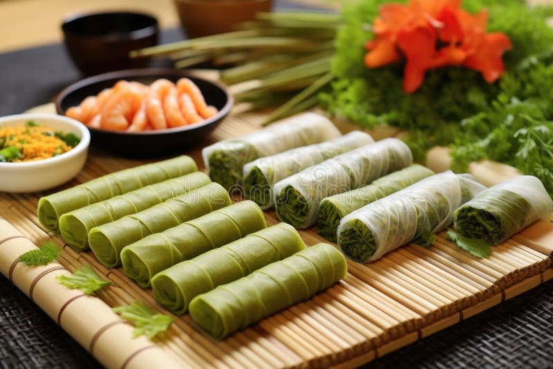 A Close-up of a Bamboo Rolling Mat with Fresh Spring Rolls and Shrimp ...
