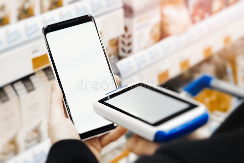 Close Up of Bar Code Scanner on Shopping Cart in Store. Concept of ...