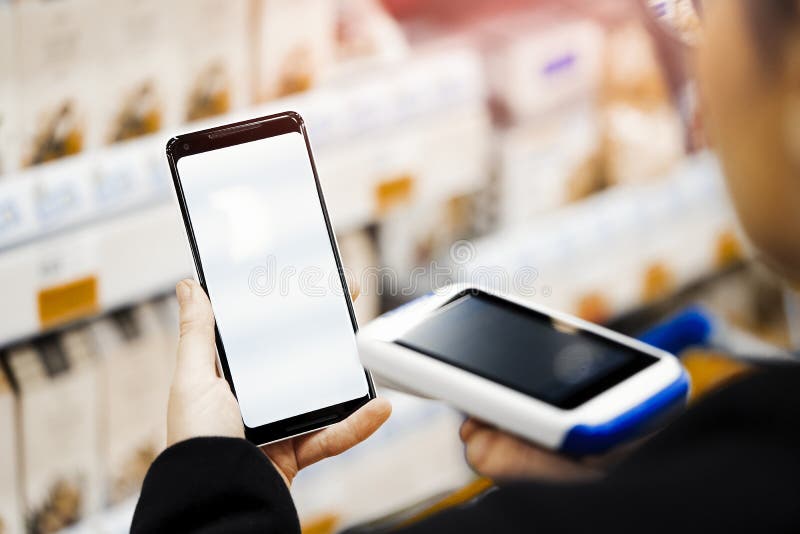 Close Up of Bar Code Scanner Scanning Mobile Phone Blank Screen. Stock ...