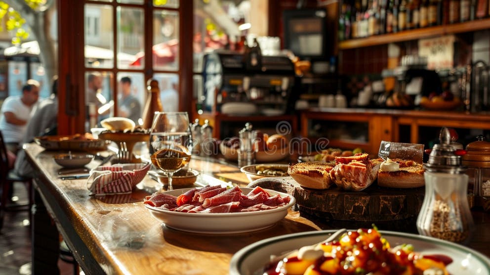 Spanish Restaurant Bar Table Setting Stock Illustration - Illustration ...