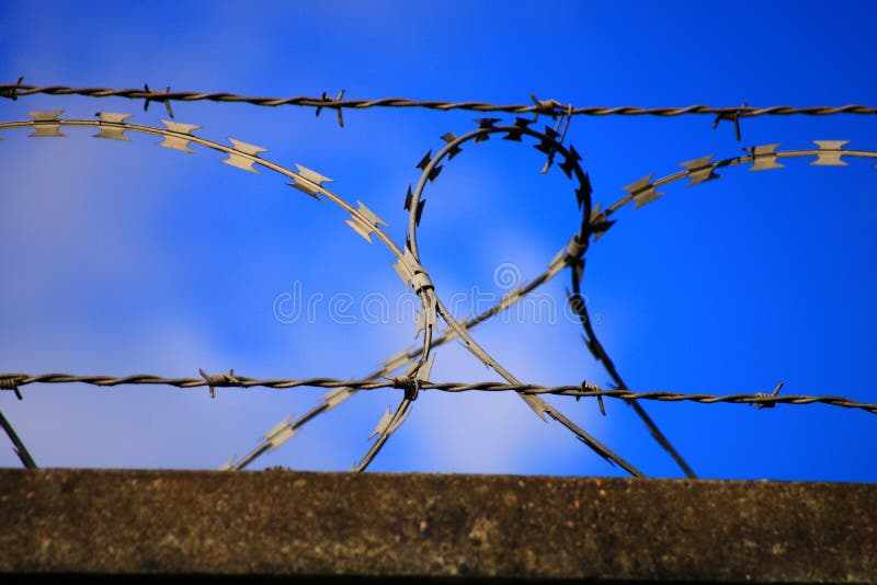 Close Up on Barbed Wire in Front of a Blue Sky Stock Image - Image of ...