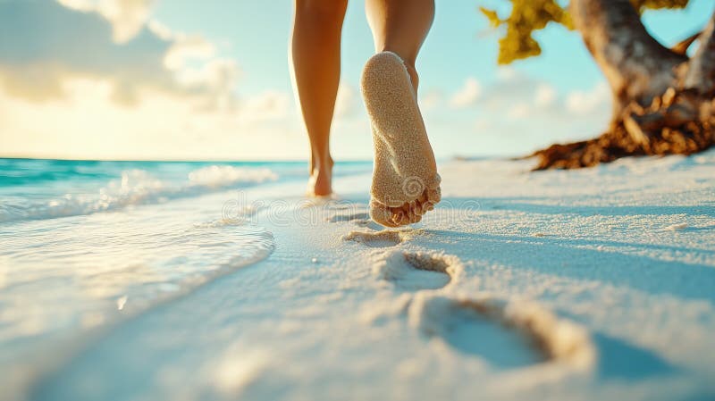 Close-up of Barefoot Steps on Wet Sand at Sunset Beach Stock Photo ...