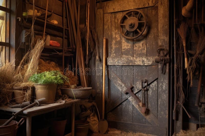 Close-up of Barn Door and Antique Farm Tools Stock Illustration ...