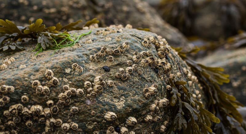 Close Up of Barnacles on Dark Grey Rock with Seaweed Stock Illustration ...