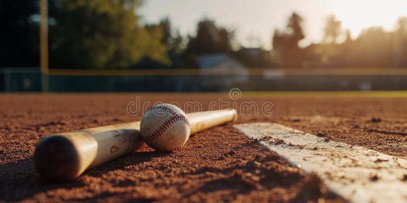 A Close-up of a Baseball Bat and Ball Resting on Home Plate, with a ...