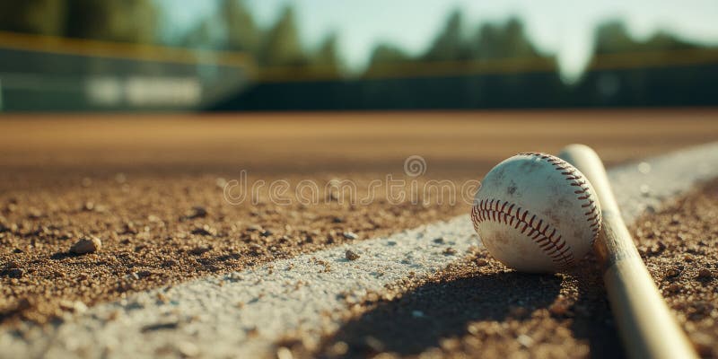 A Close-up of a Baseball Bat and Ball Resting on Home Plate, with a ...