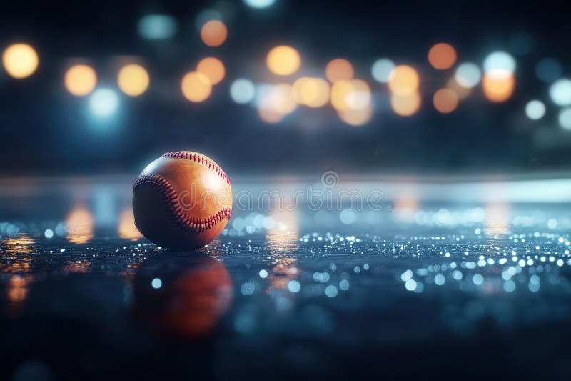Close-Up of Baseball on Field at Night with Blurred Stadium Lights and ...