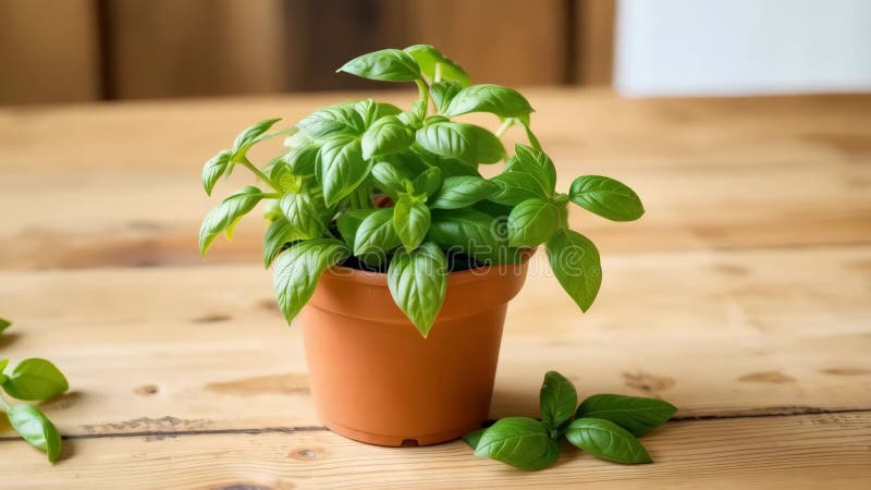 Close Up of Basil Plant Growing in the Pot on the Table Stock Footage ...