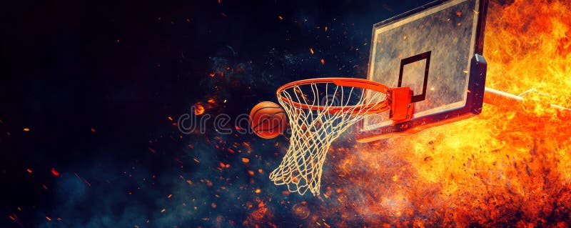 Close-up of Basketball Shooting into a Hoop with Fiery Background Stock ...