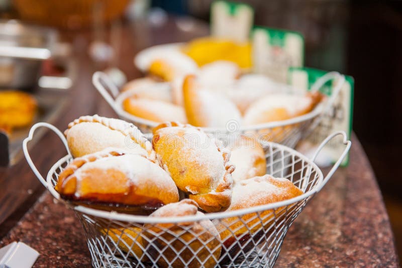Close Up Baskets with Freshly Baked Pastry Goods on Display in Bakery ...