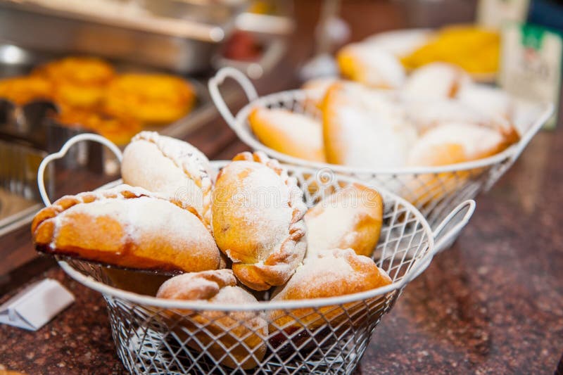 Close Up Baskets with Freshly Baked Pastry Goods on Display in Bakery ...