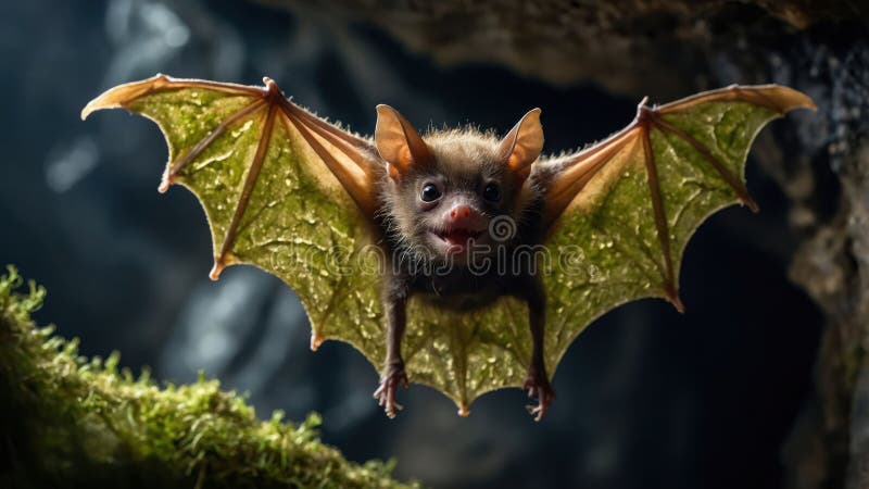 A Close-up of a Bat with Green Wings, Hanging in a Cave Environment ...