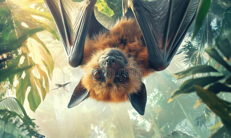 Close-up of a Bat Hanging Upside Down in a Lush Tropical Rainforest ...