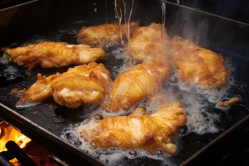 Close-up of Battered Fish Frying in Hot Oil Stock Illustration ...