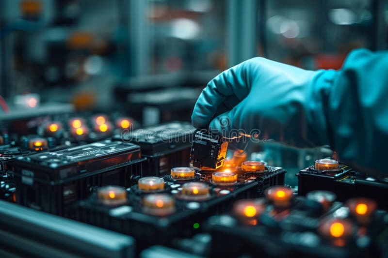 Close-up of a Battery Testing Device and an Engineer S Hands in Rubber ...