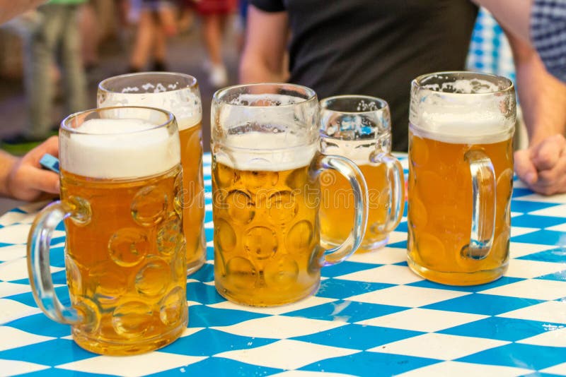 Close-up of Bavarian Beer Glasses 1 Liter Beer on Table Decoation at ...